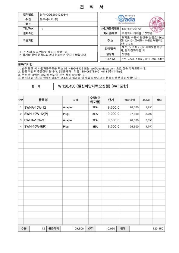 SWHA-10W-12 외 3종 샘플 구매 건